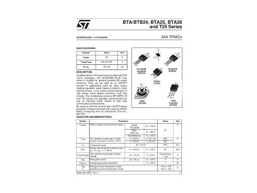 BTA24/800B TO-220 TRIAC 800V, 25A, TO220ABIns, Igt: 50mA, Snubberless ...